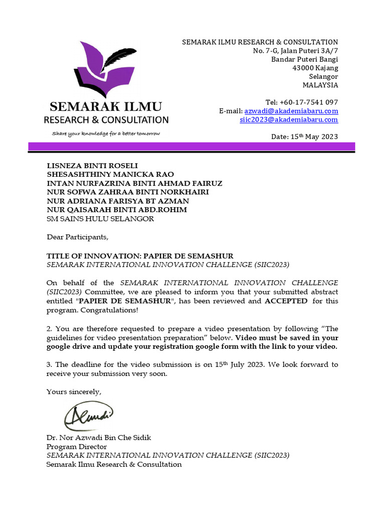 Papier de Semashur Acceptance Letter Siic-1035 | PDF