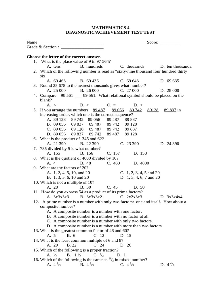 MATHEMATICS 4 Pretest To Be Printed | PDF | Numbers | Triangle