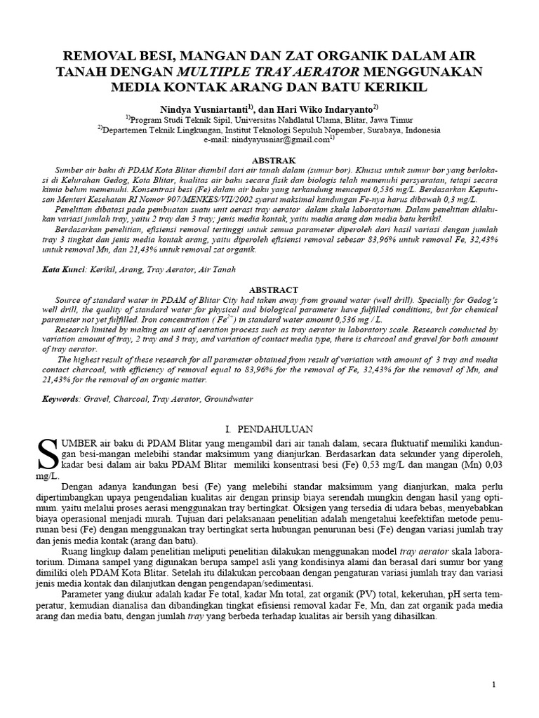 Jurnal - 1 - Nindya - Removal Besi, Mangan Dan Zat Organik Dengan ...