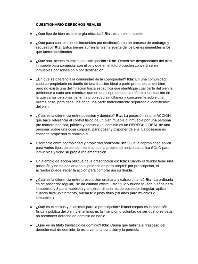 Preguntas - Derechos Reales | PDF | Posesión (Ley) | Ciencias sociales
