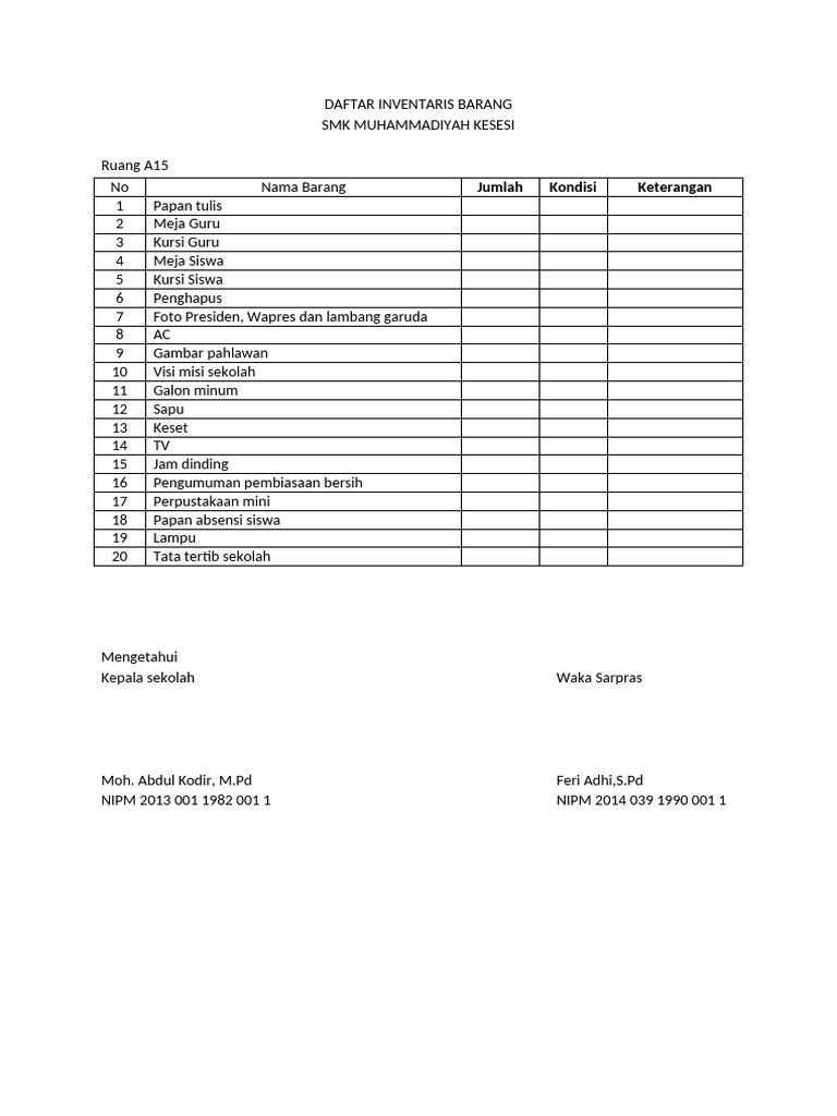Daftar Inventaris Ruangan | PDF
