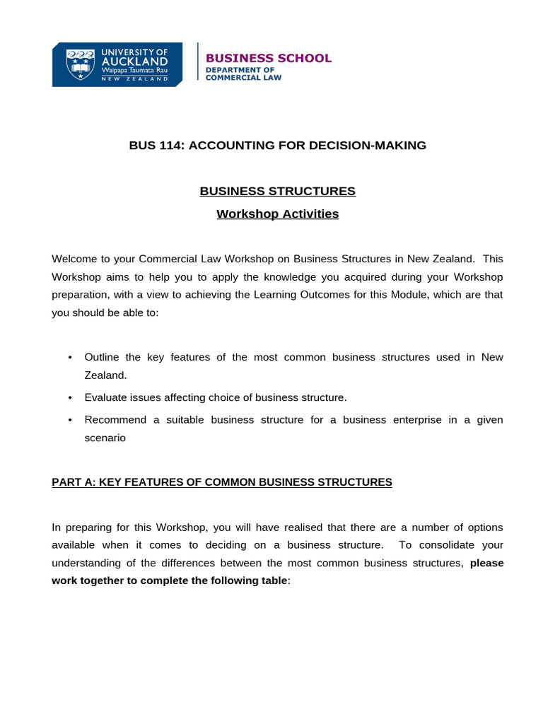 Business Structures Workshop Activities | PDF