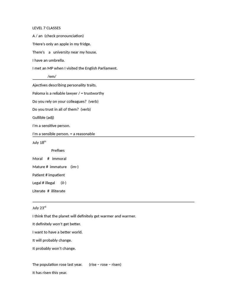 Level 7 Classes - 30-07-2024 | PDF