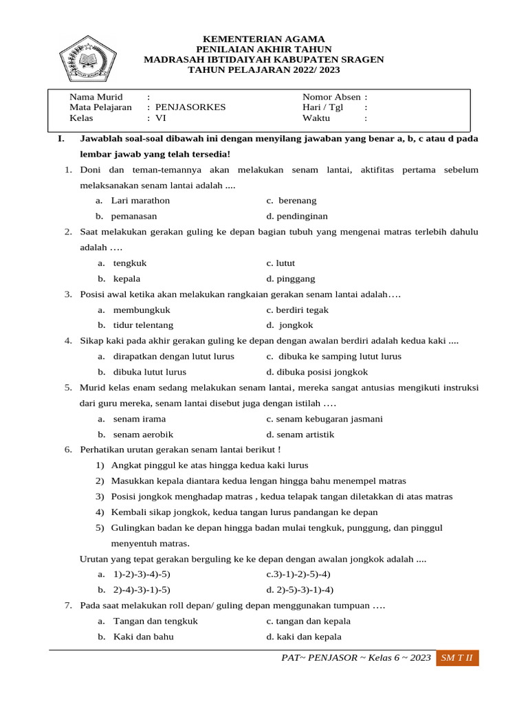 SOAL PAT PJOK SM II 2023 kls 6 Asli | PDF
