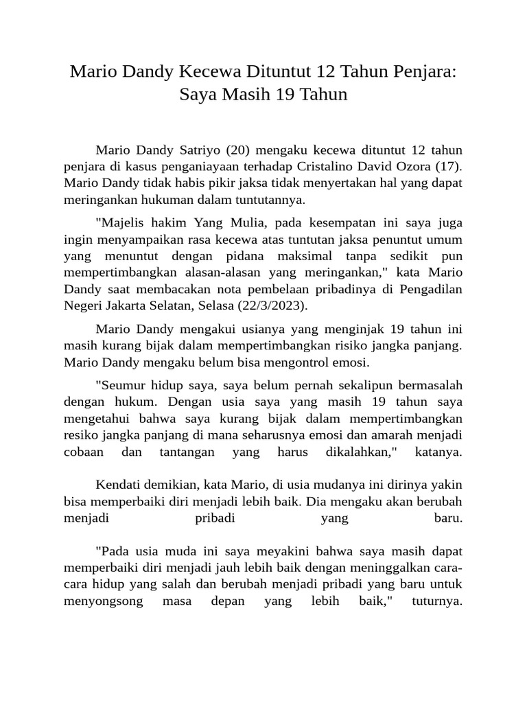 Mario Dandy Kecewa Dituntut 12 Tahun Penjara | PDF