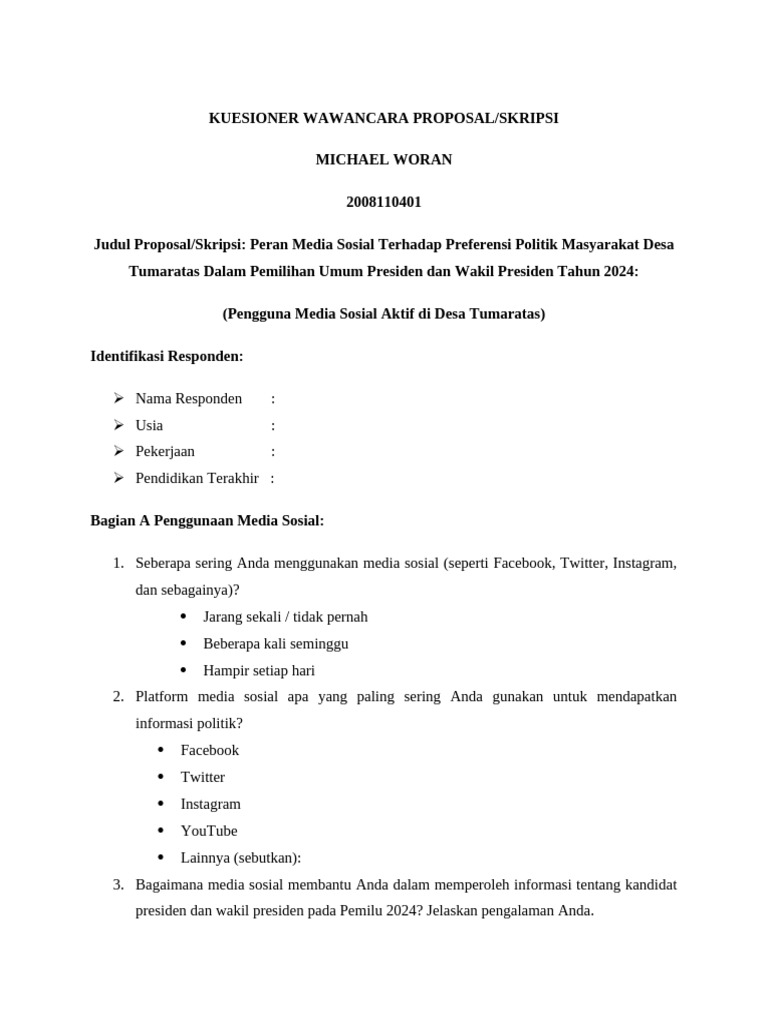 Kuesioner Wawancara Proposal 1 | PDF