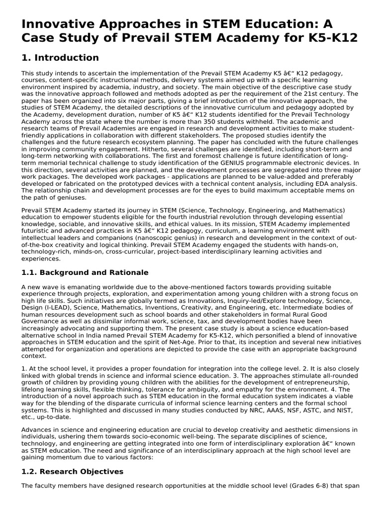 Innovative Approaches in STEM Education - A Case Study of Prevail STEM Academy For K5-K12 | PDF ...