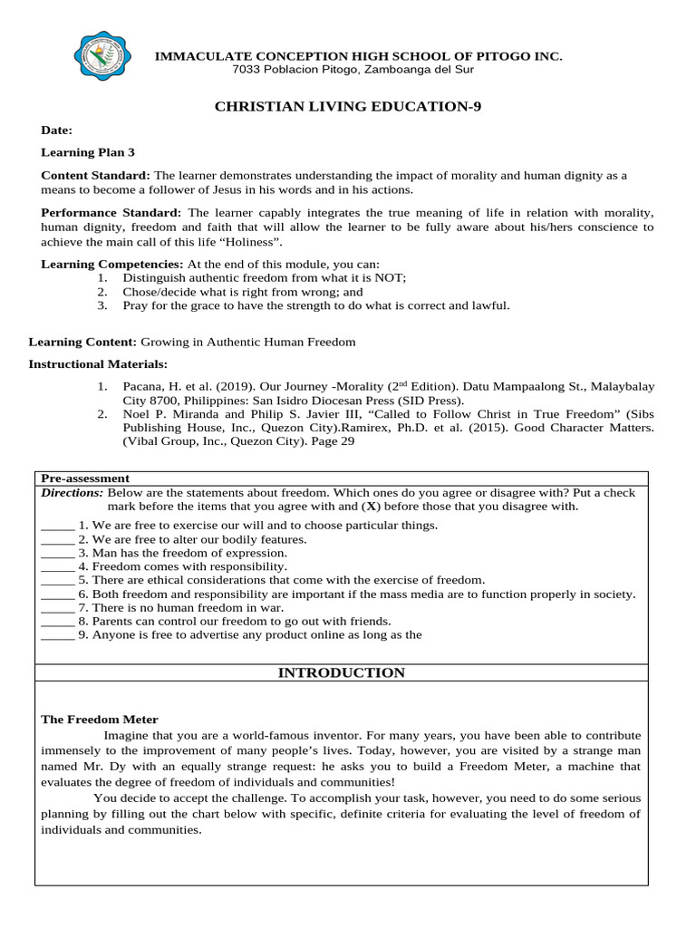 Christian Living Education-9: Immaculate Conception High School of ...