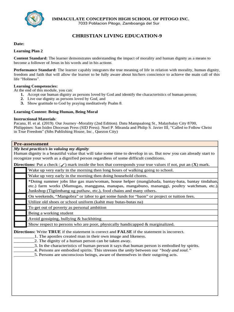 Christian Living Education-9: Immaculate Conception High School of ...