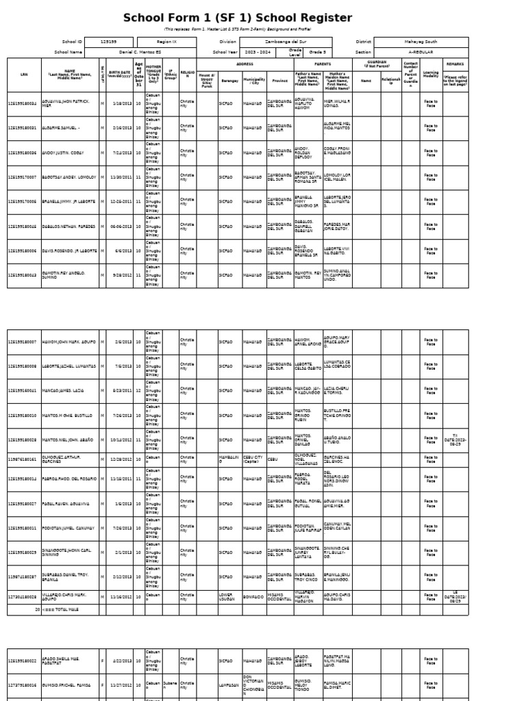SF1 - 2023 2024 - Grade 5 A REGULAR ARLENE | PDF