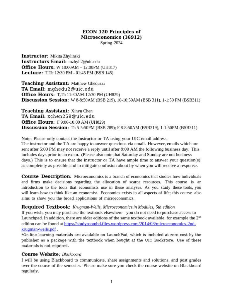 ECON120 Syllabus S24 | PDF