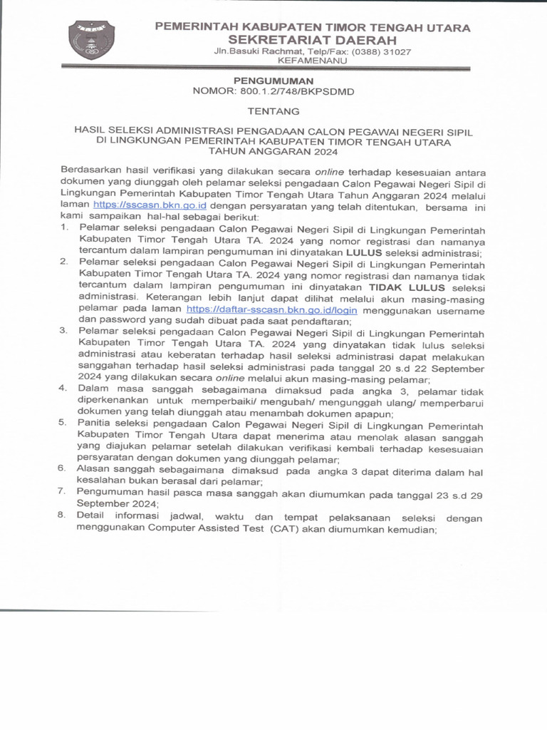 Pengumuman Hasil Seleksi Administrasi Pengadaan CPNS Di Lingkungan Pemkab TTU TA. 2024 | PDF