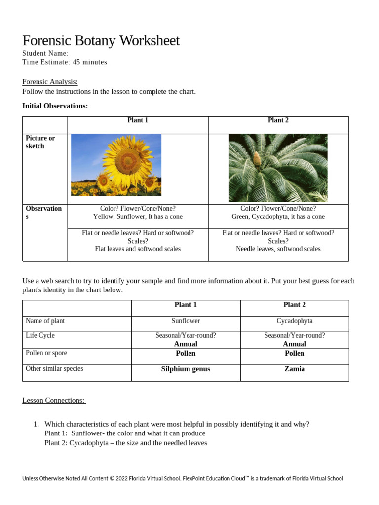 02 05 Forensic Botany Worksheet | PDF | Plants | Flowers