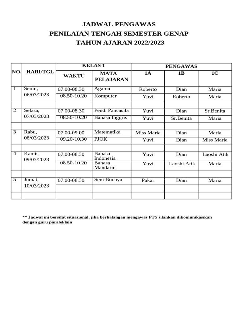 Jadwal Pengawas PTS Kelas 1 | PDF