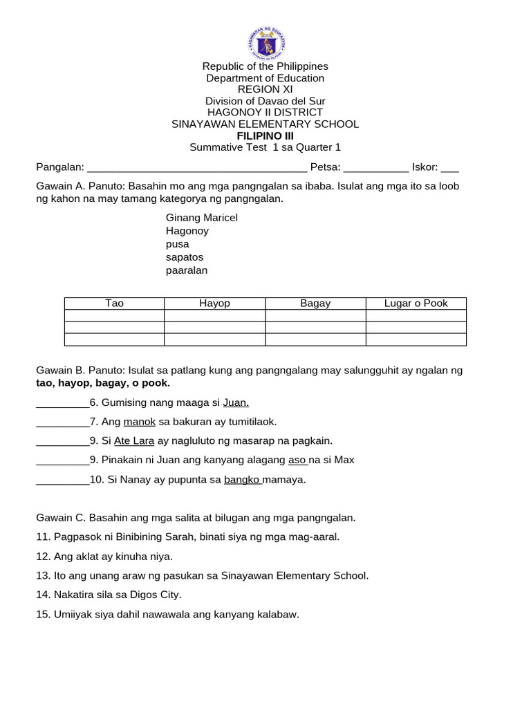 Summative Test 1 Filipino | PDF