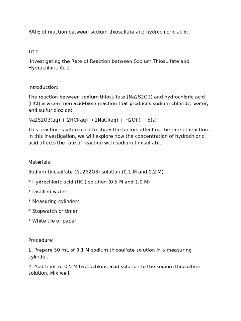 Reaction Rate: Na2S2O3 & HCl Study | PDF | Hydrochloric Acid | Reaction ...
