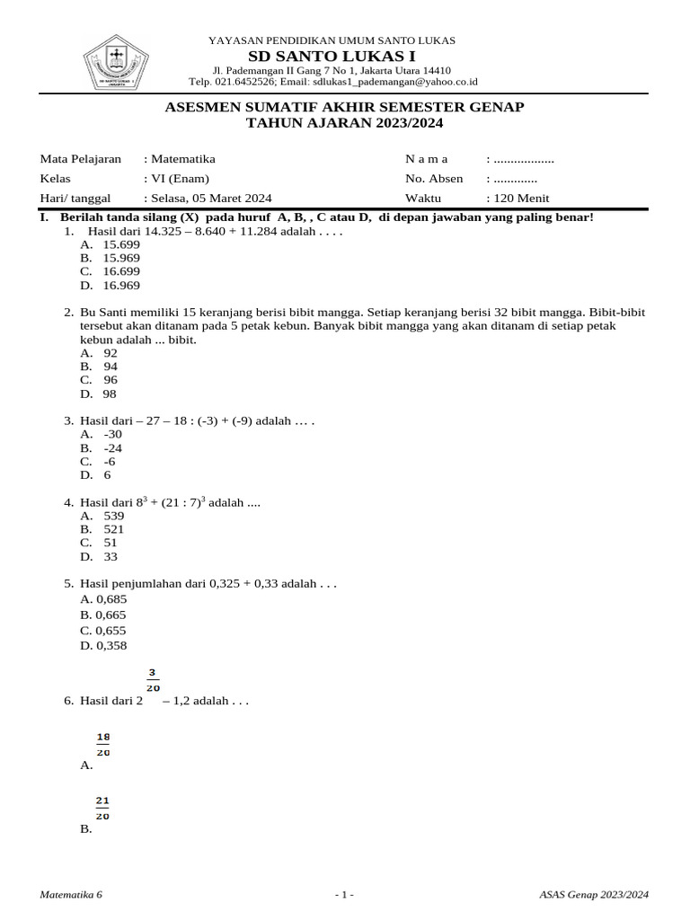 ASAS GENAP MATEMATIKA 2023-2024 | PDF