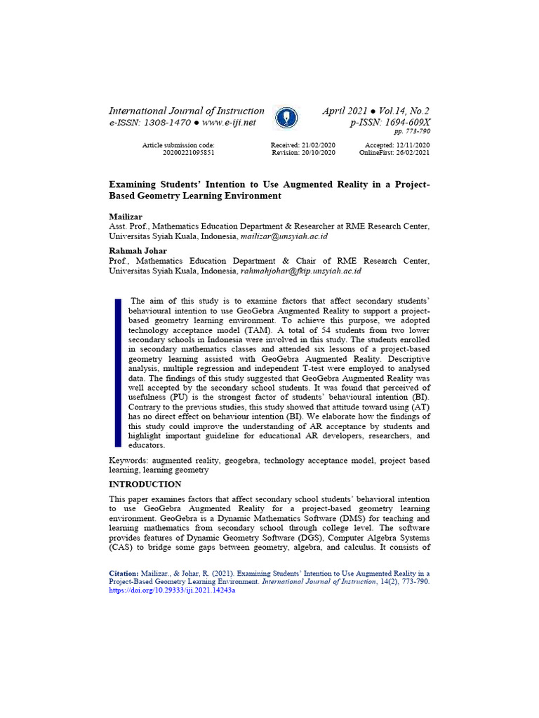 Examining Students' Intention To Use Augmented Reality in A Project ...