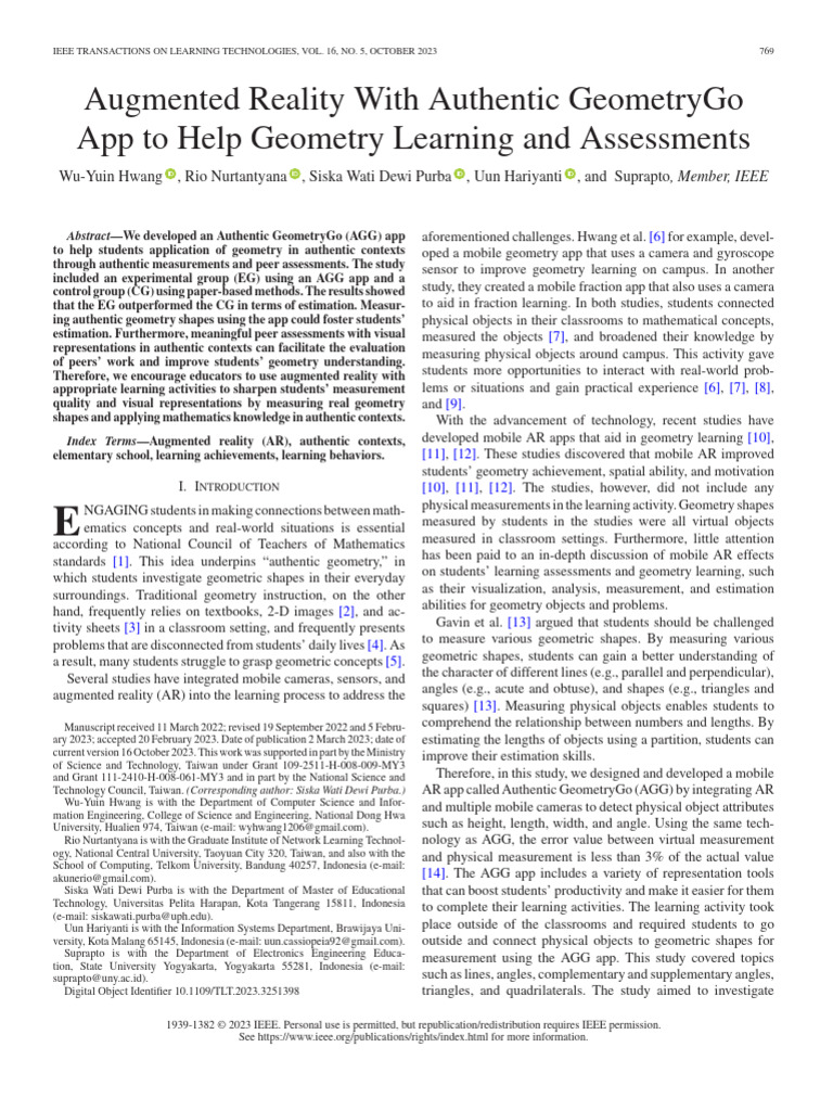 Augmented Reality With Authentic GeometryGo App To Help Geometry Learning and Assessments | PDF