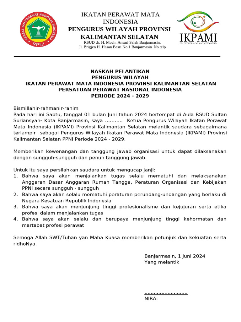 Naskah Pelantikan PW IKPAMI Provinsi KALSEL | PDF