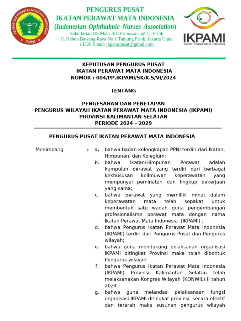 004 - 2024 - SK PW Ikpami Provinsi Kalsel Periode 2024-2029 | PDF