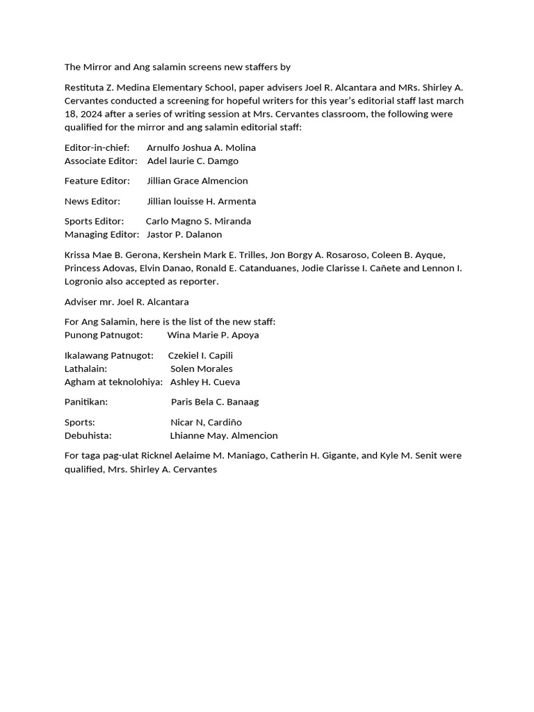 The Mirror and Ang Salamin Screens New Staffers by | PDF