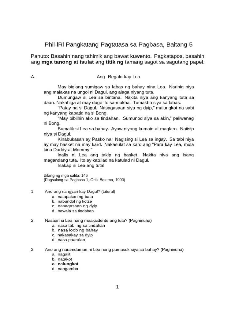Pangkatang Pagtatasa Sa Pagbasa Grade 5 | PDF