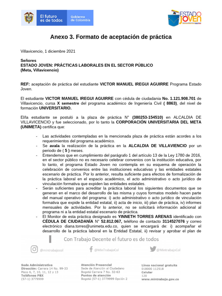 Anexo 3. Formato de Aceptación de Práctica | PDF