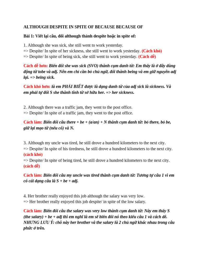 (Đáp Án) Although Despite in Spite of Because Because of | PDF