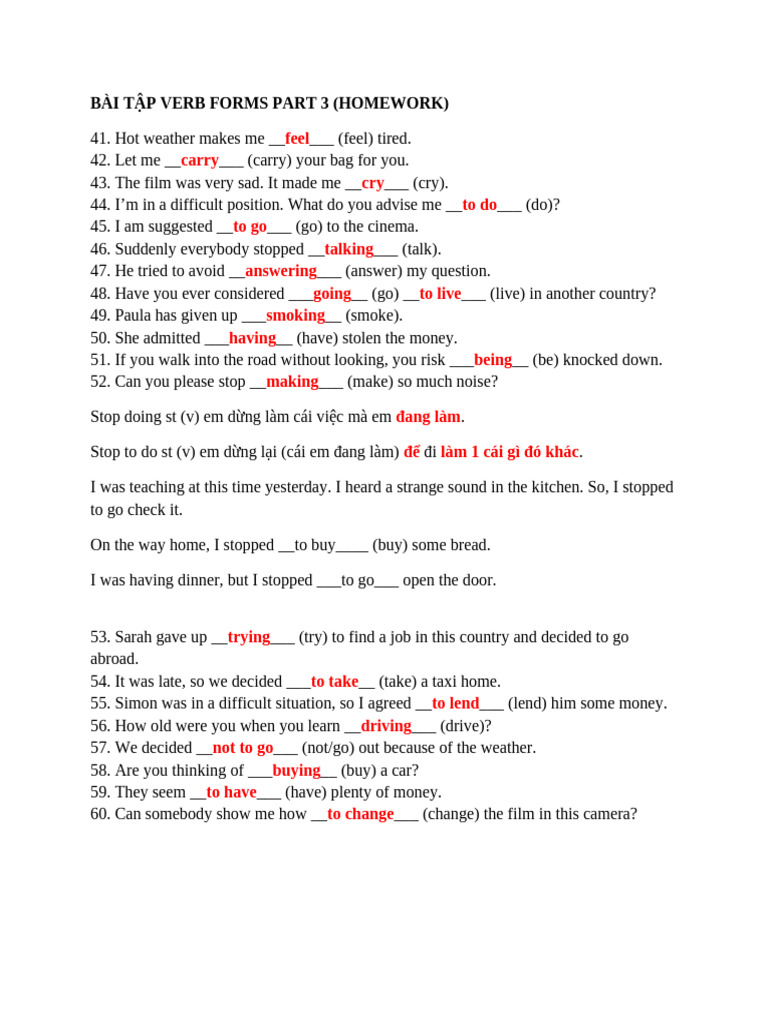 (ĐÁP ÁN) BÀI TẬP VERB FORMS PART 3 | PDF