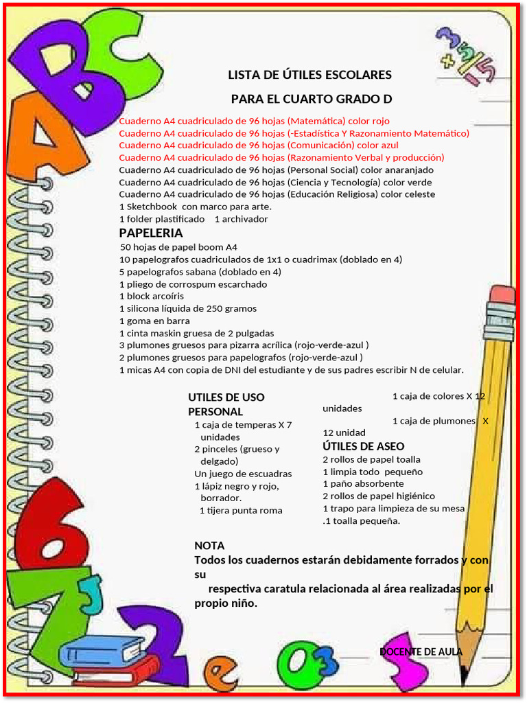 Lista de Útiles Escolares 2024 Cuarto D | PDF