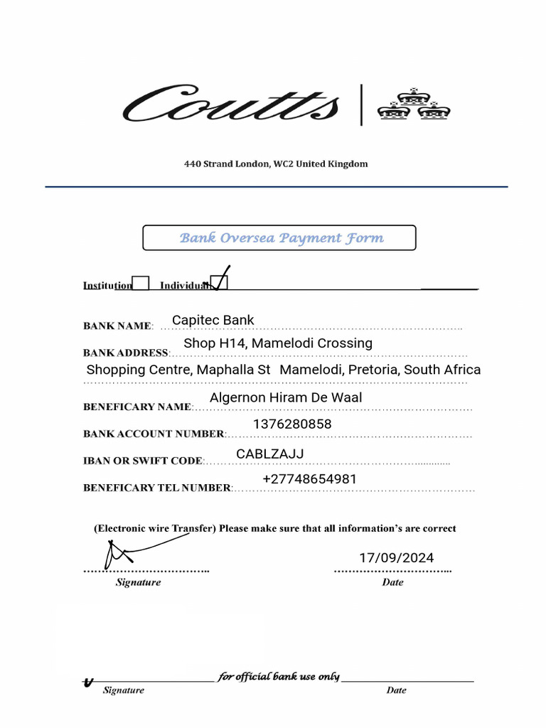 Coutts Bank Payment Form - JPG | PDF