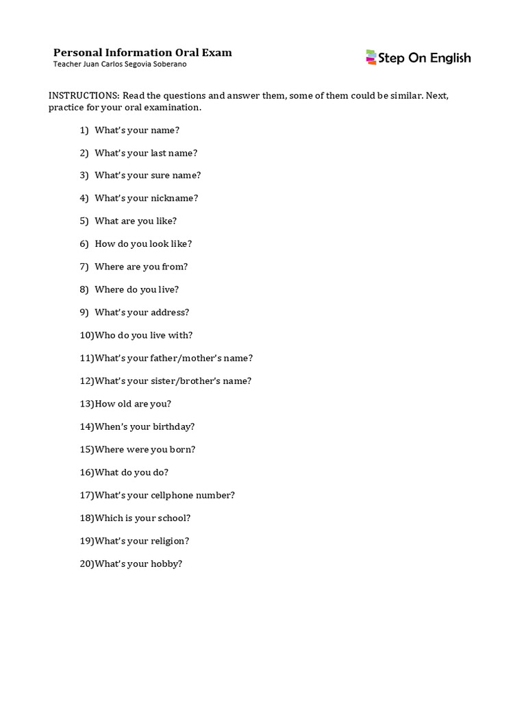 Personal Information Oral Exam | PDF