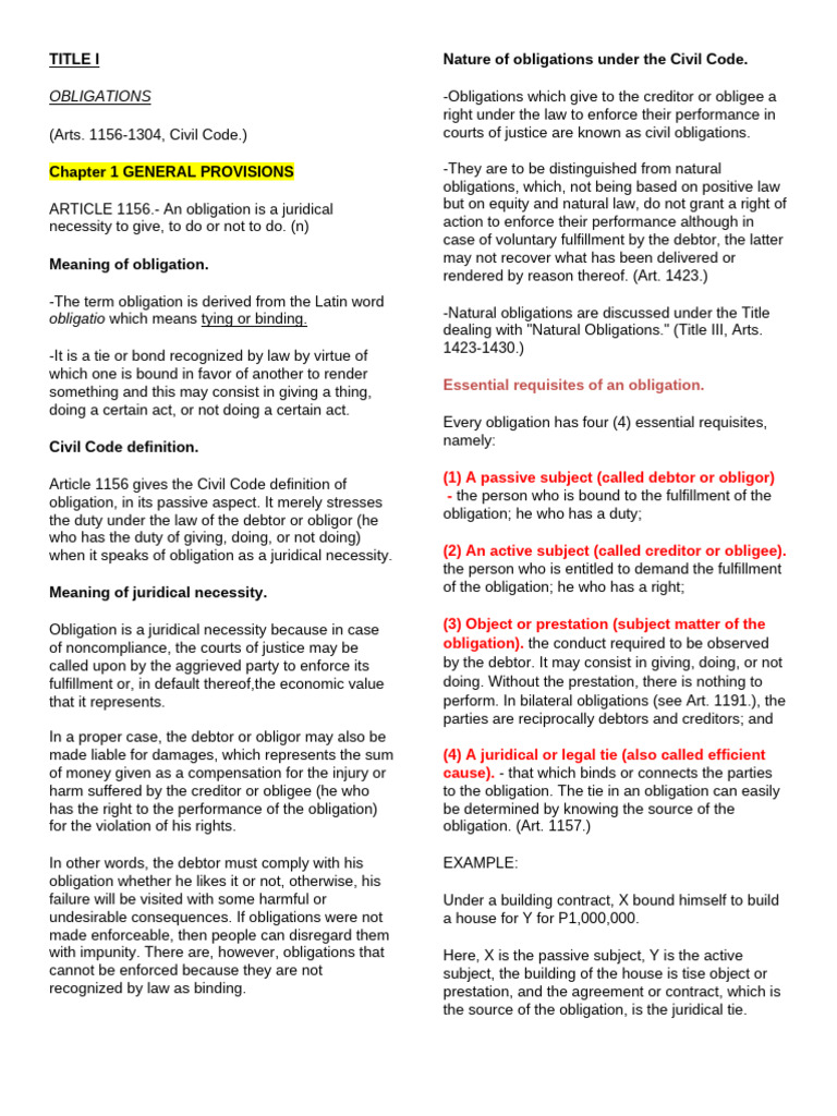 Obligations: Title I Nature of Obligations Under The Civil Code | PDF