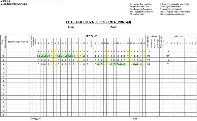 Model Foaie Pontaj Prezenta