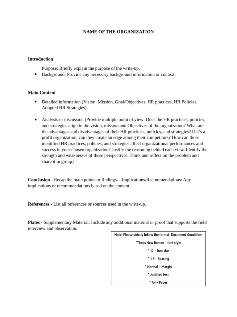 ORGANIZATIONAL WRITE UP FORMAT-HRM | PDF