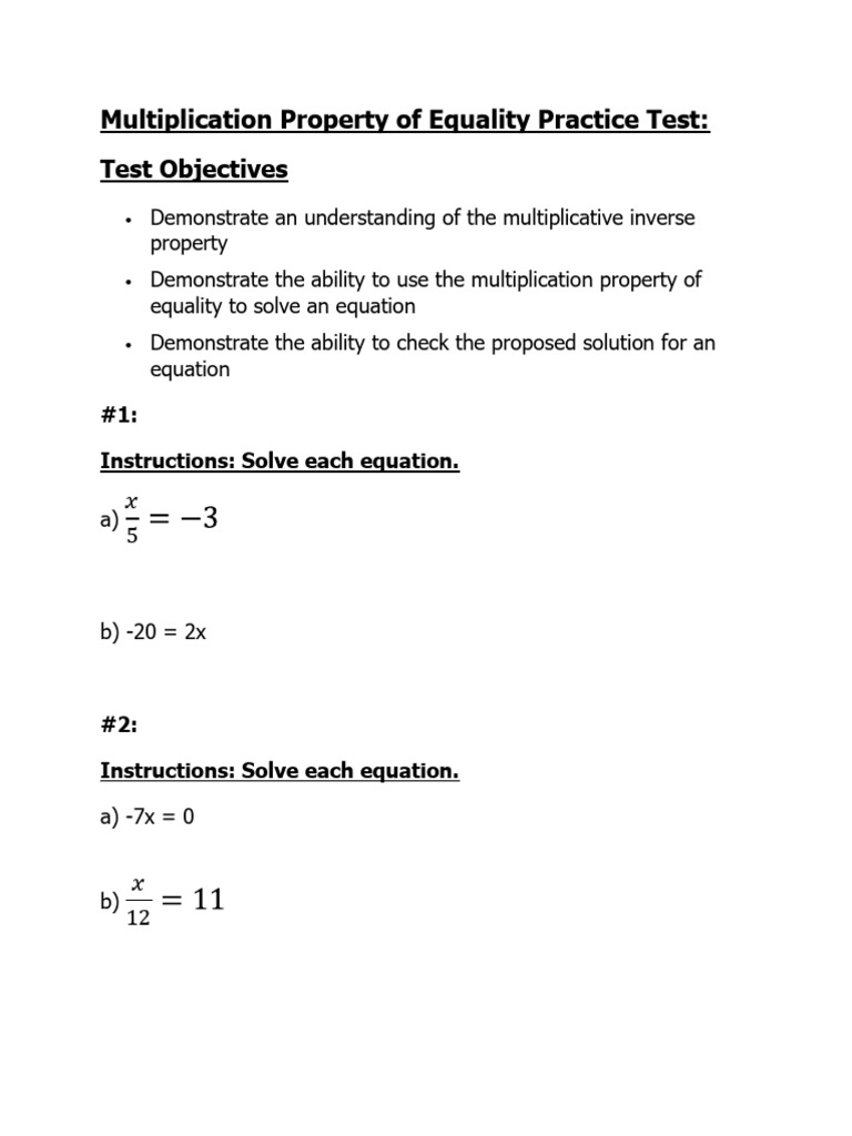 Multiplication Property of Equality Practice Test | PDF