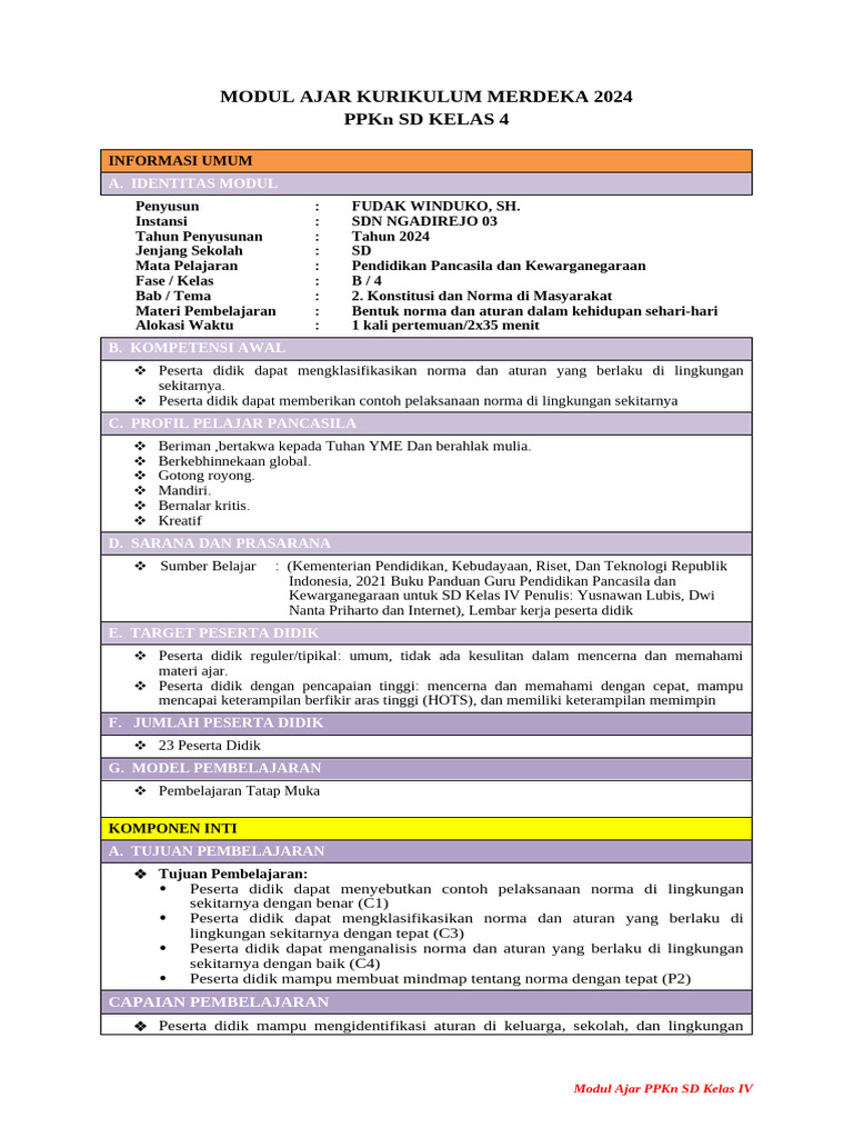 Modul Ajar PPKN BAB 2 KELAS 4 | PDF
