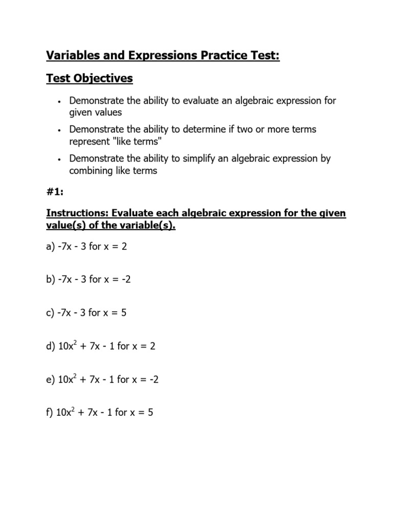 Variables and Expressions Practice Test | PDF