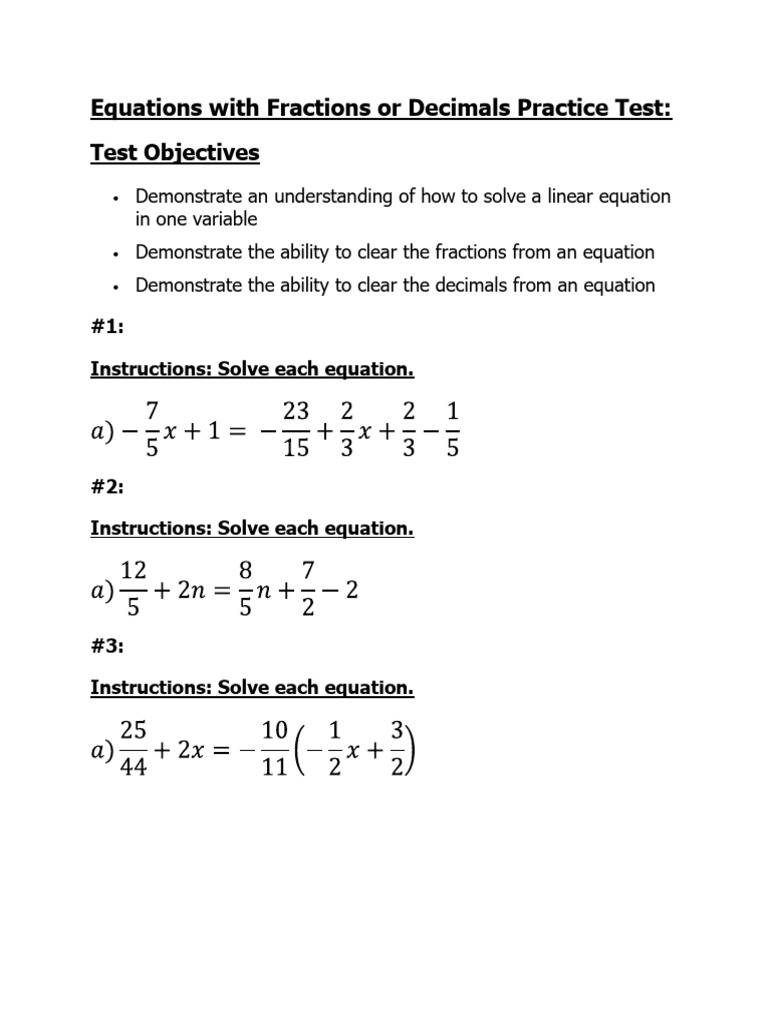 Equations+With+Fractions+or+Decimals+Practice+Test | PDF