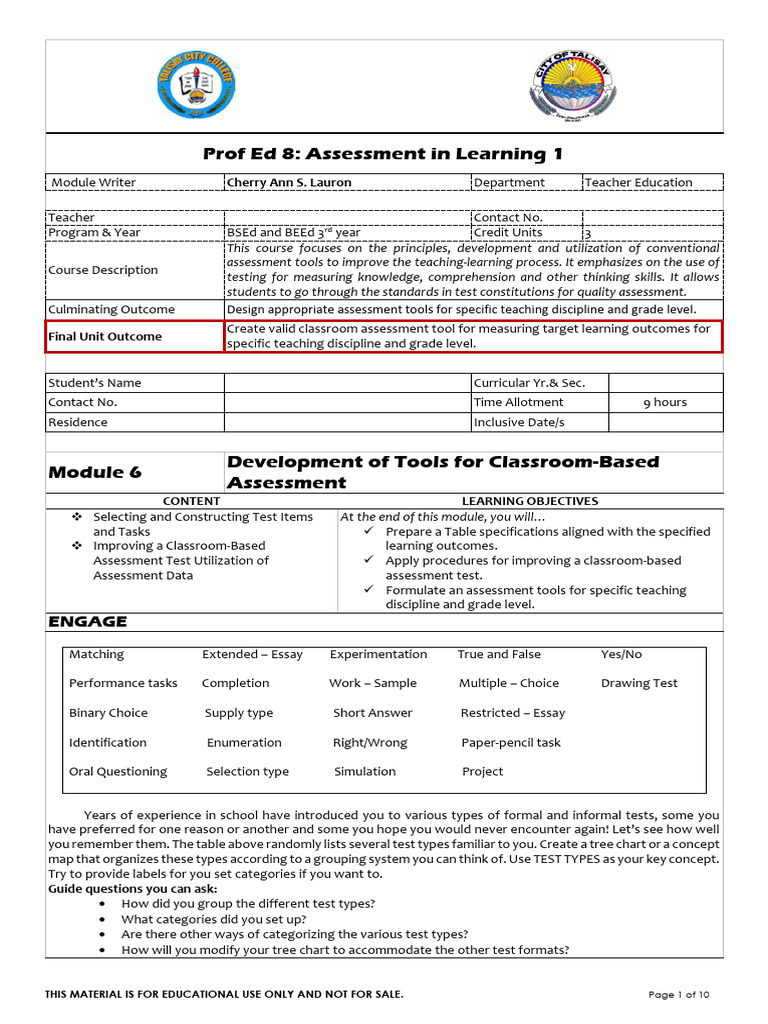 Final Module 6 Prof Ed 8 Assessment in Learning 1 | PDF