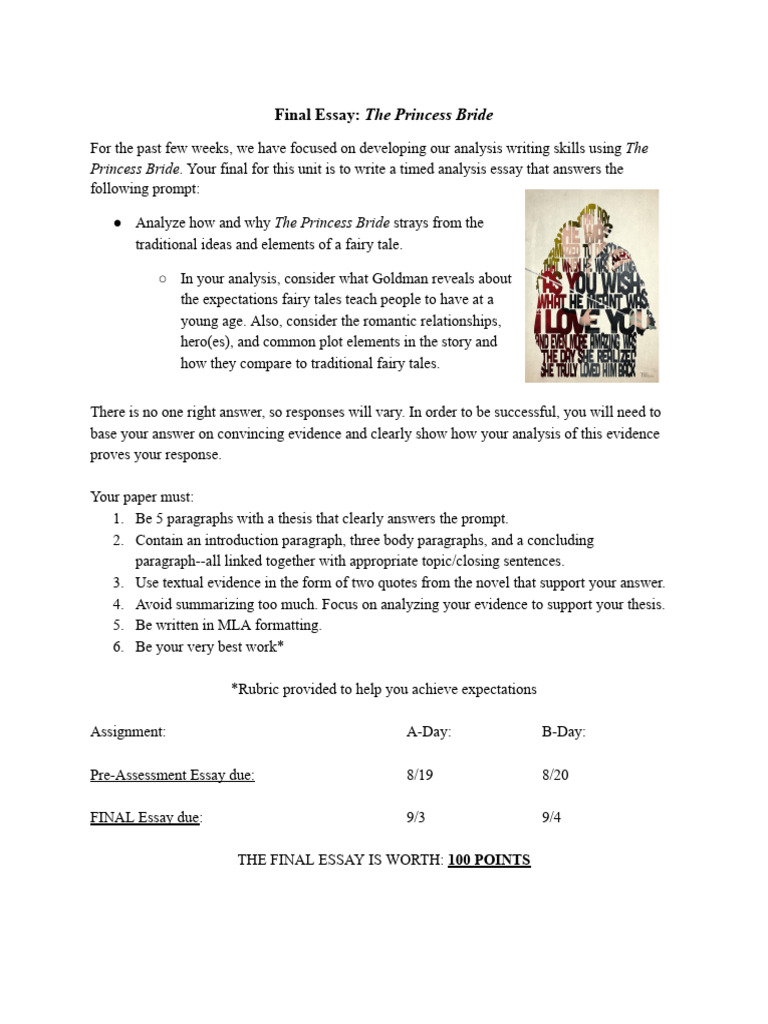 Final Essay - The Princess Bride (Instructions and Rubric) | PDF