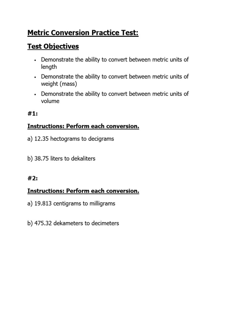 Converting Between Metric Units Practice Test | PDF | Teaching Methods ...