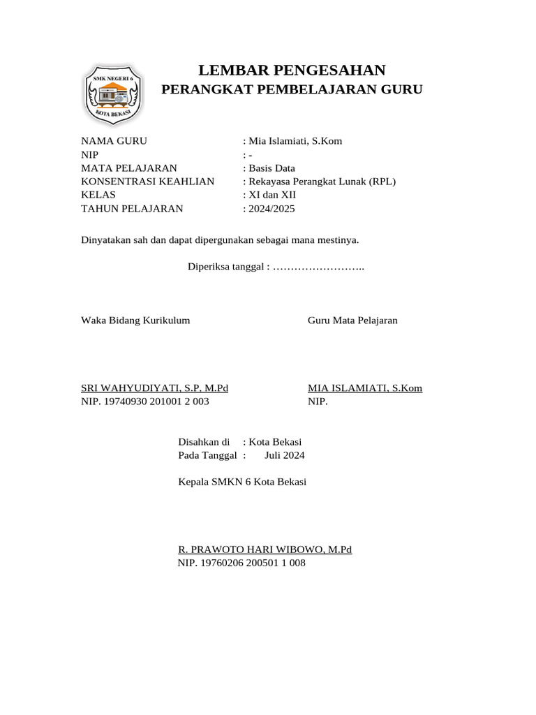 Lembar Pengesahan Perangkat Pembelajaran | PDF