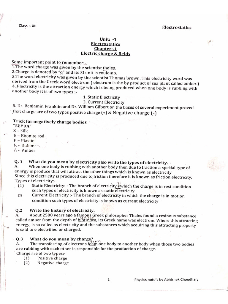 Class 12th Chapter 1 Unit 1 Physics | PDF