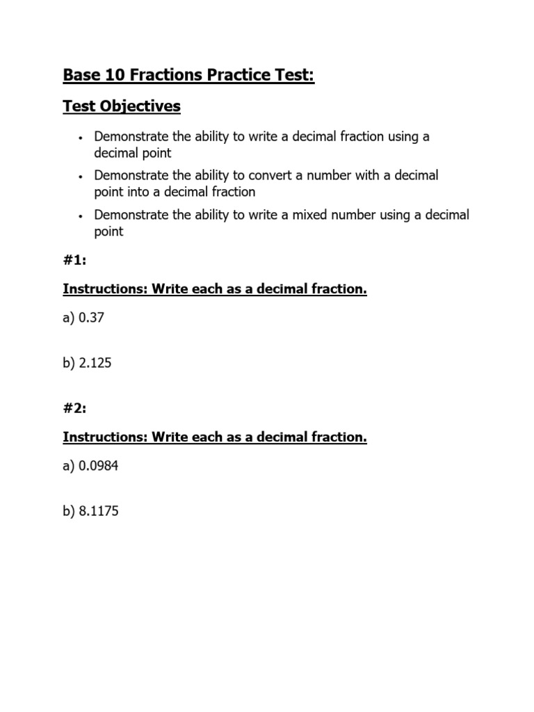 Decimal Fractions Practice Test | PDF