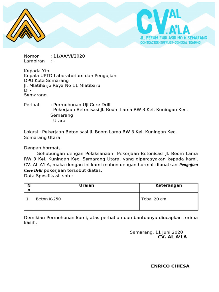 SURAT PERMOHONAN UJI CORE DRILL DPU 2020 | PDF