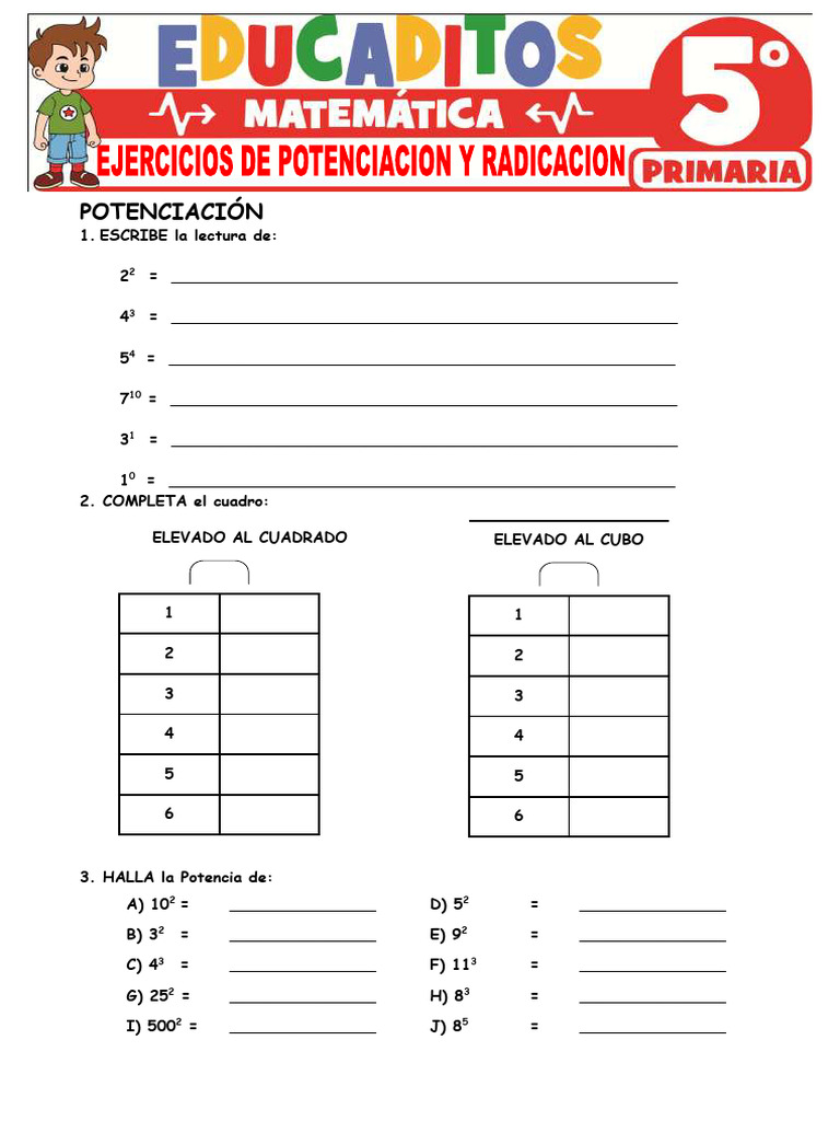 Ejercicios de Potenciacion y Radicacion para Quinto Grado de Primaria | PDF