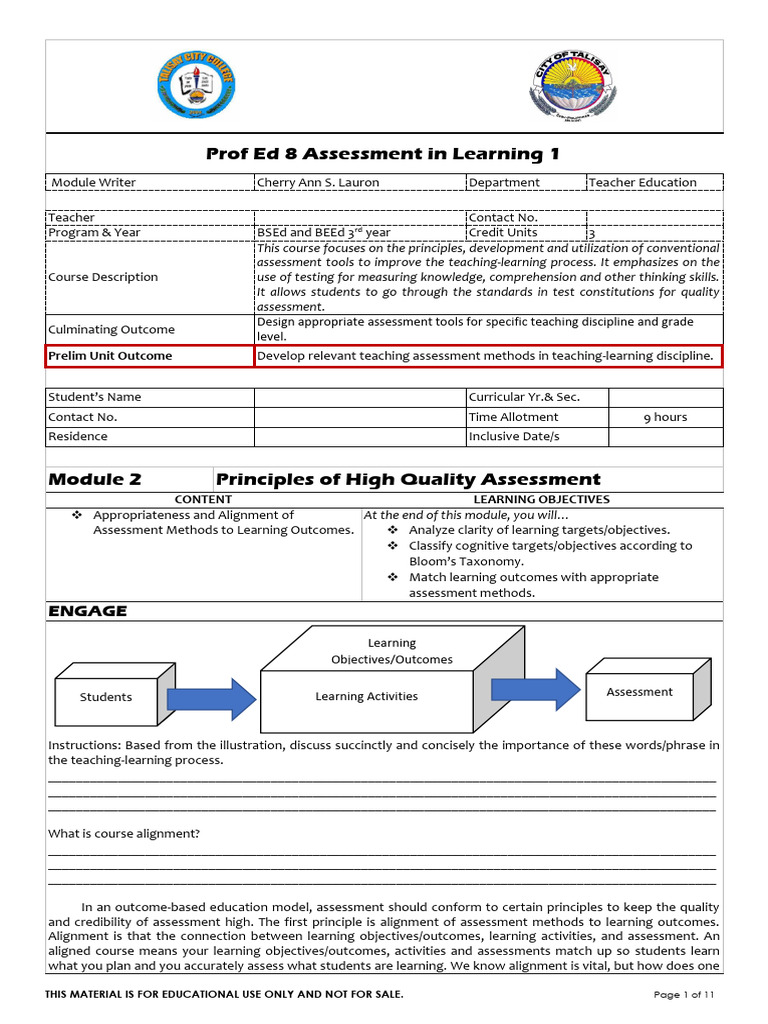 Prelim Module 2 Prof - Ed 8 Assessment in Learning 1 | PDF