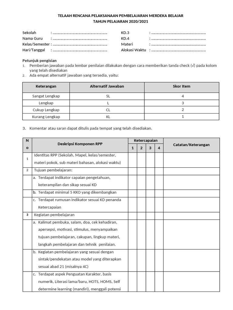 Telaah RPP Daring 1 Lembar | PDF